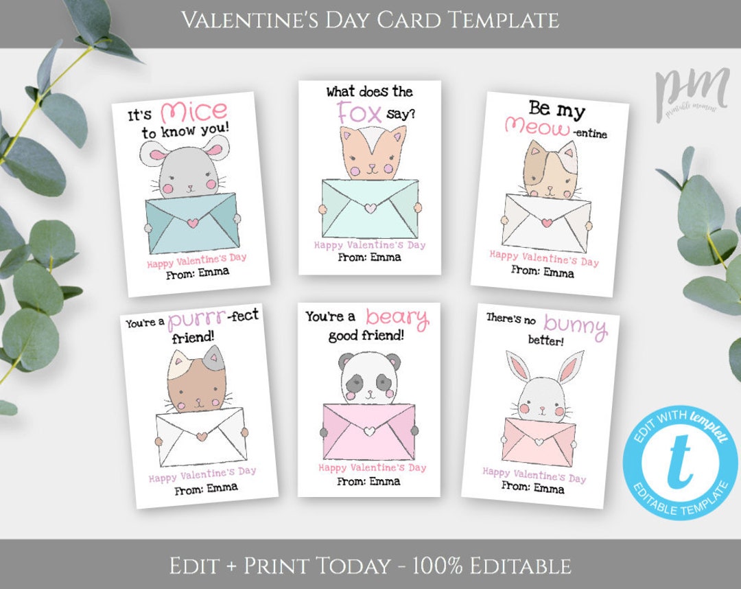 Animal Valentines Day Card Template, Cat Valentines Cards for Kids ...
