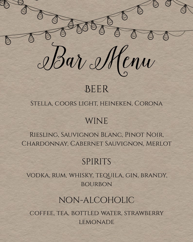 Rustic Bar Menu Sign Template With String Lights Printable | Etsy