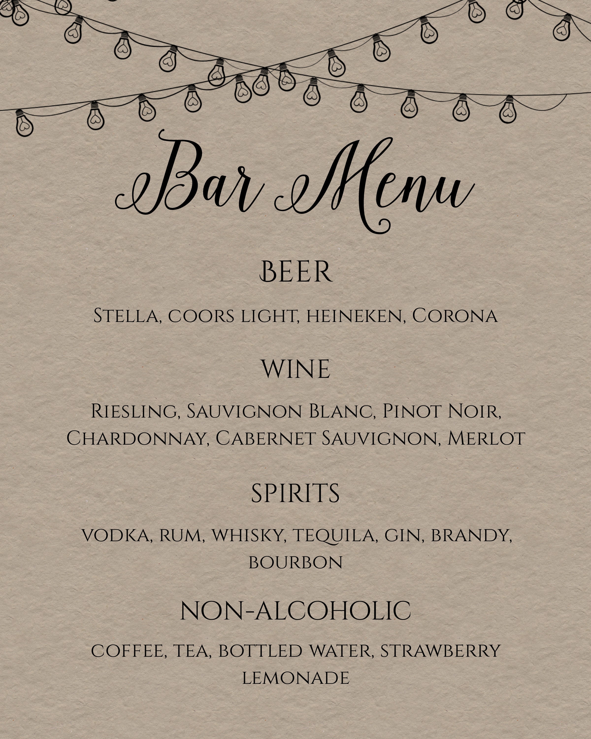 Rustic Bar Menu Sign Template With String Lights Printable | Etsy