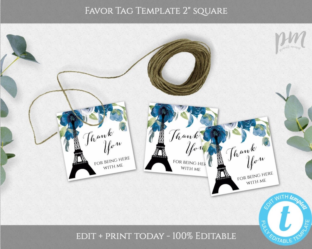 Blue Floral Paris Thank You Tag Template, French Birthday Tag, Floral ...