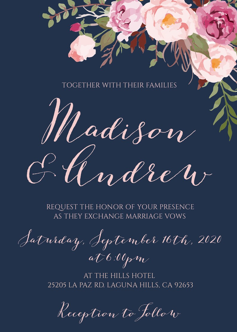 Blue and Pink Floral Wedding Invitation Template Suite Floral - Etsy