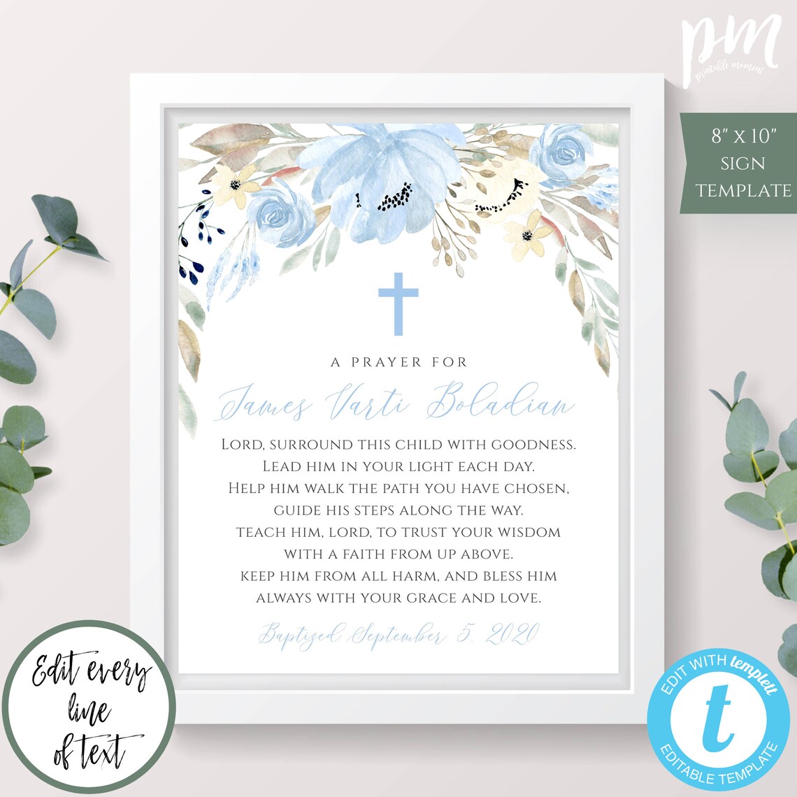 Blue Personalized Prayer Sign for Boy, Editable Baptism Gift for Boy ...