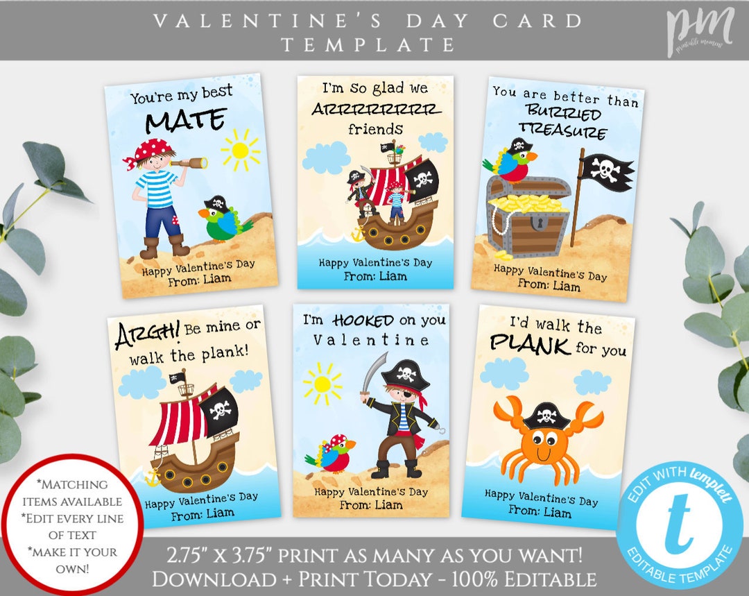 Pirate Valentines Day Card Template, Pirate Valentines Cards for Kids ...