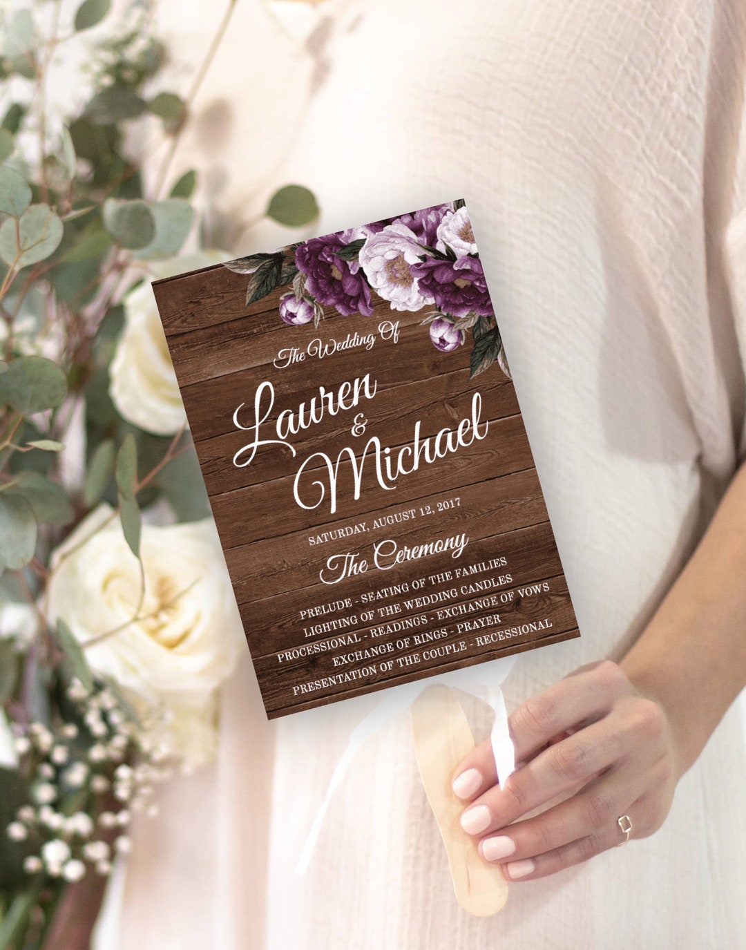 Rustic Wedding Program Fan Template, Ceremony Program Fan, Purple Floral Wedding Download ...