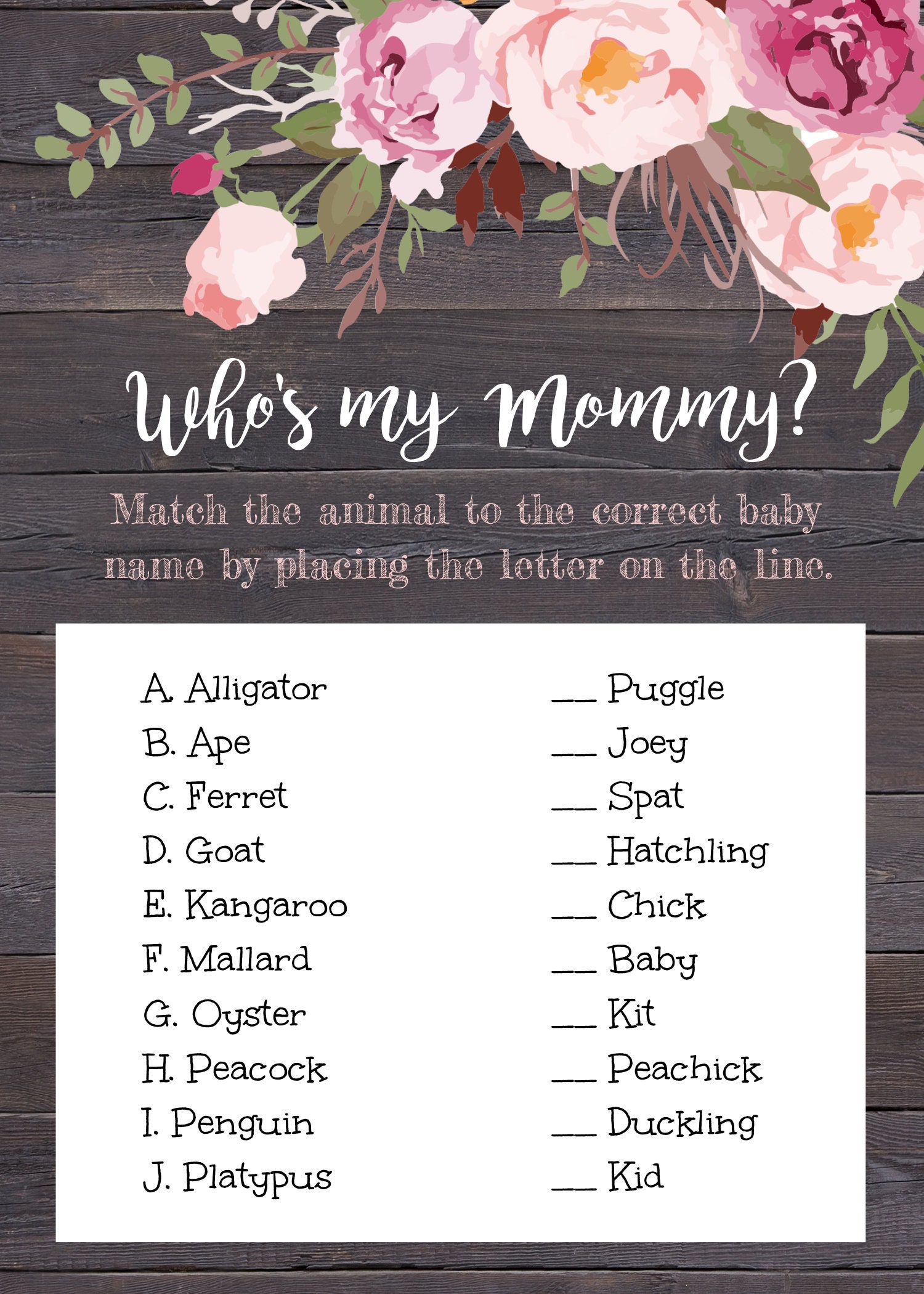 Who's My Mommy Game Template, Rustic Floral Baby Shower Game, Instant ...