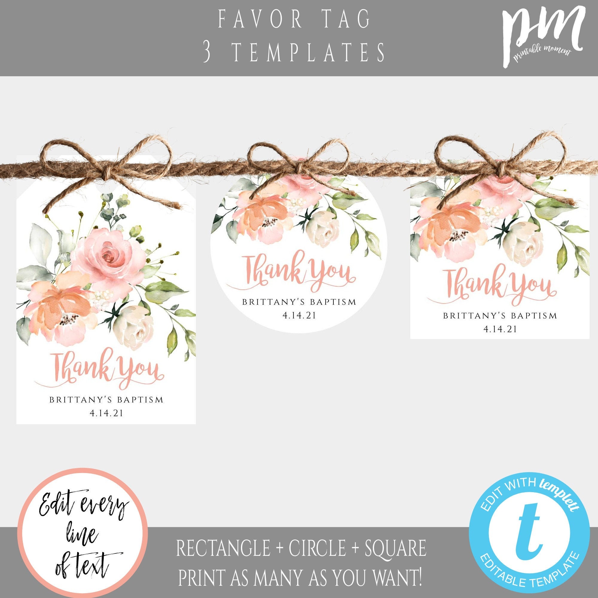 Peach Floral Thank You Favor Tag Template Set, Printable Gift Tag ...
