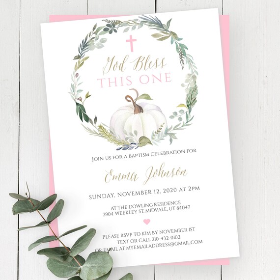 Fall Girl Baptism Invitation Template White Pumpkin Printable | Etsy