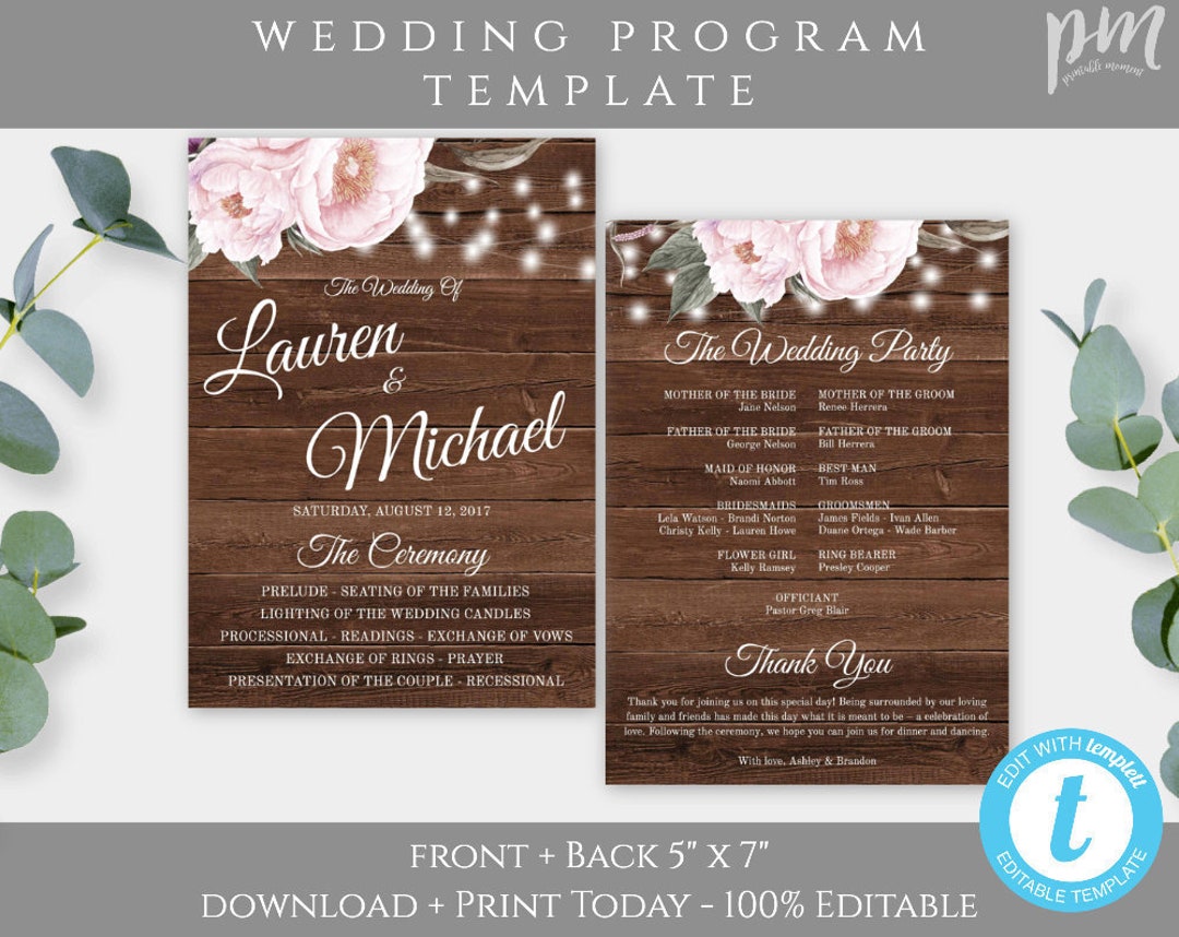 Rustic Wedding Program Template With String Lights, Printable Blush ...