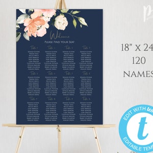 Navy + Gold With Peach Watercolor Flowers Printable Seating Chart ...