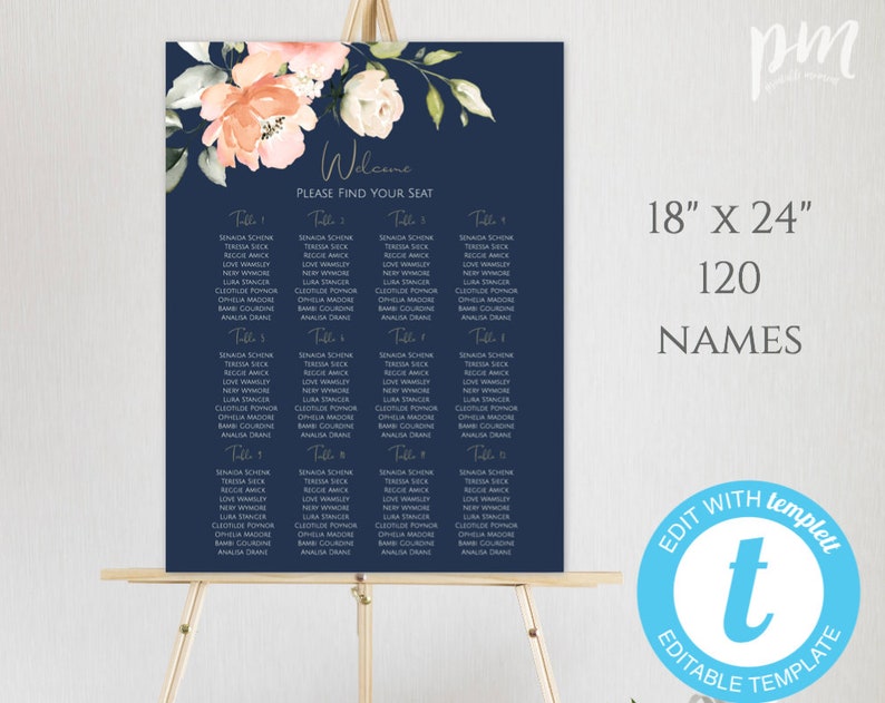 Navy + Gold With Peach Watercolor Flowers Printable Seating Chart ...