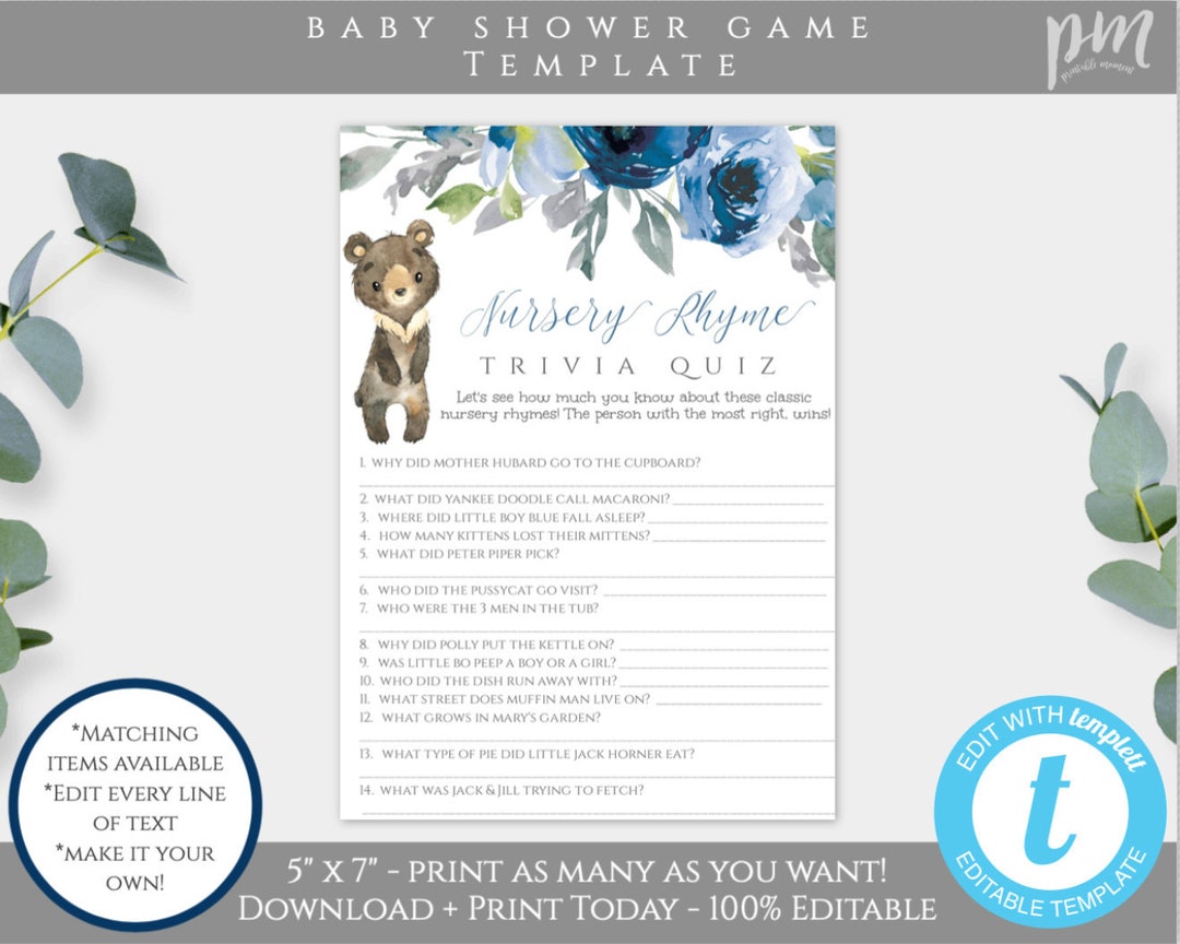 Bear Baby Shower Nursery Rhyme Game Template, Baby Shower Game, Boy ...
