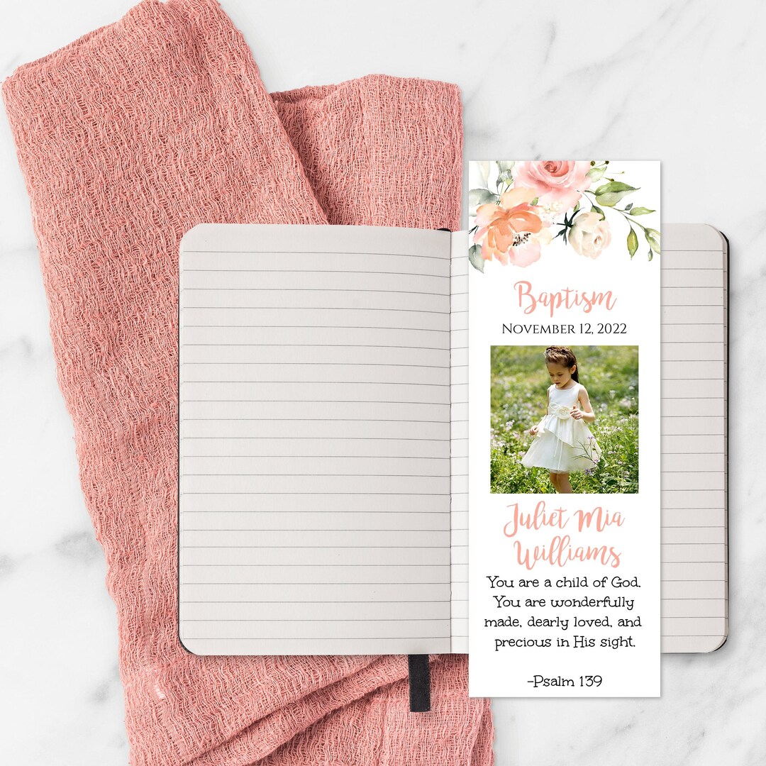 Peach Floral Personalized Bookmark for Baptism, Custom Bookmark Baptism ...