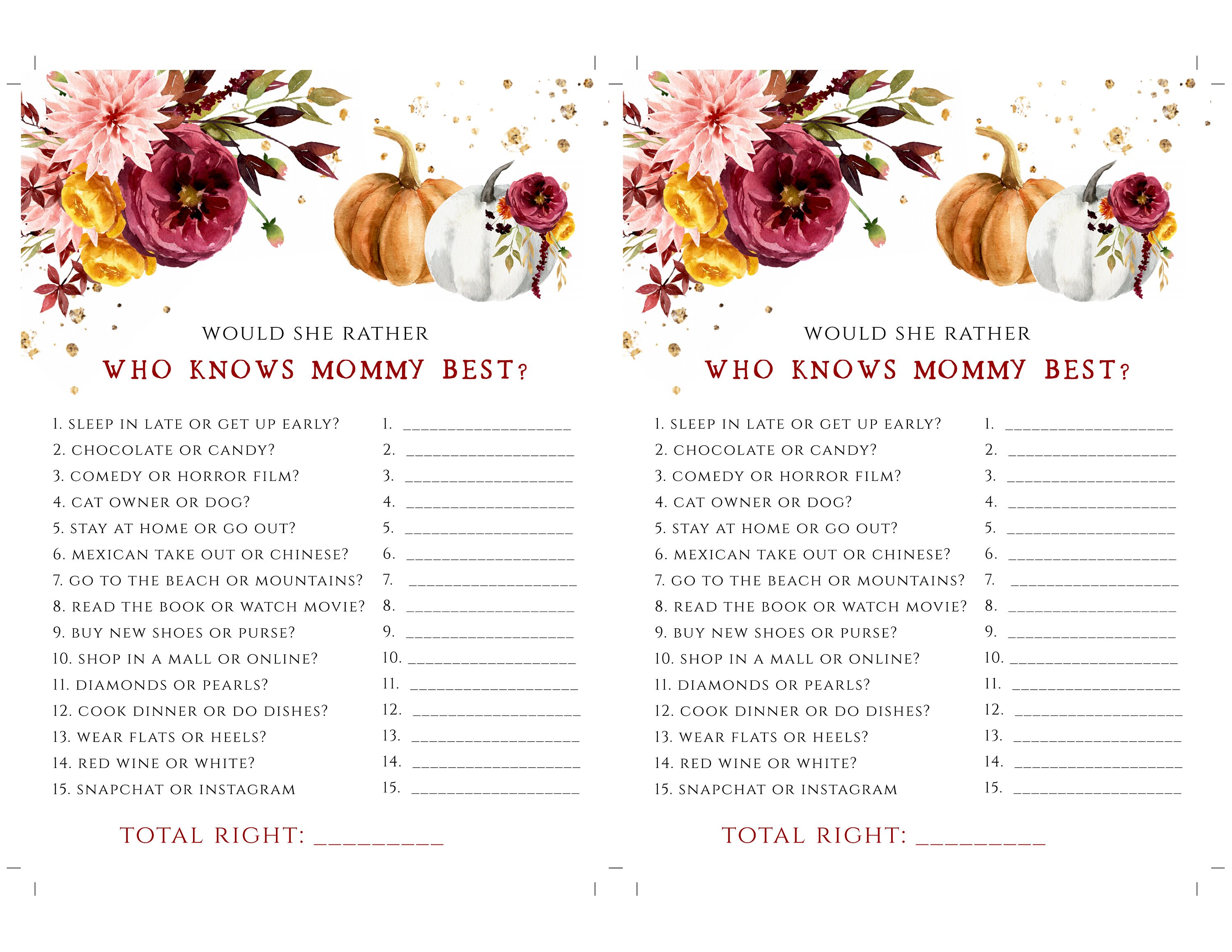 Fall Pumpkin Would You Rather Game Template, Who Knows Mommy Best Game ...