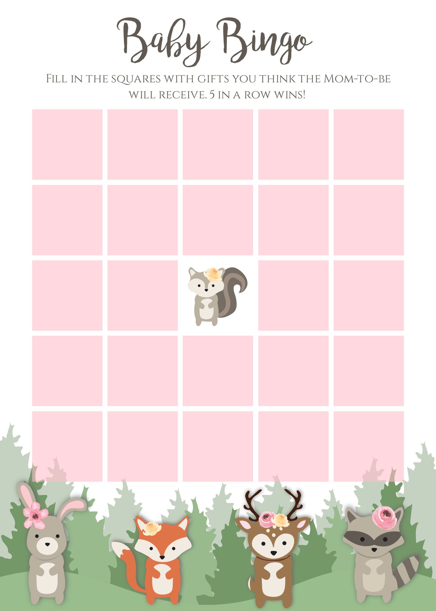 Baby Shower Bingo Game Template Woodland Animal Girl Baby - Etsy