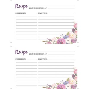 Purple Floral Recipe Card Template, Bridal Shower Recipe Card ...