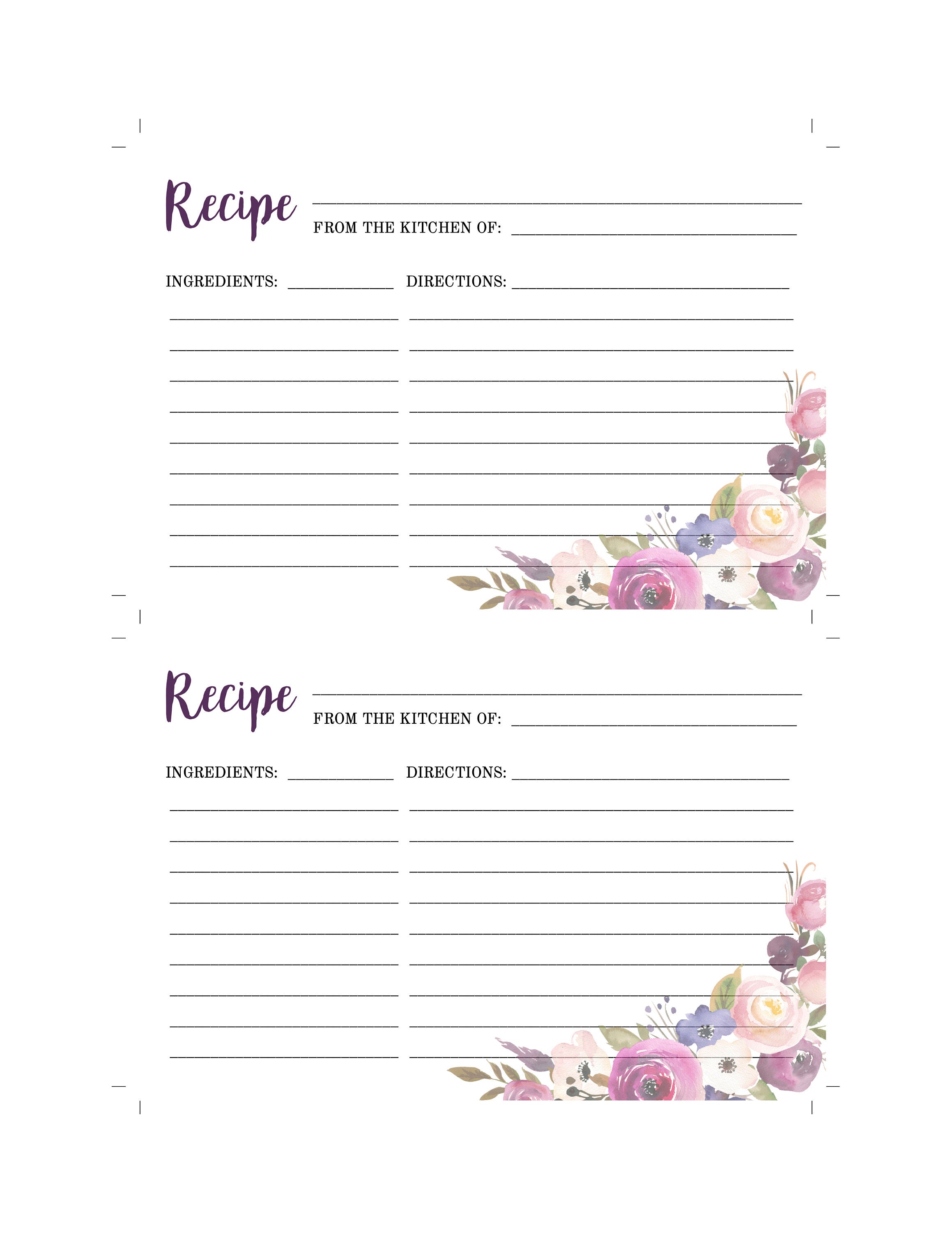 Purple Floral Recipe Card Template Bridal Shower Recipe Card | Etsy