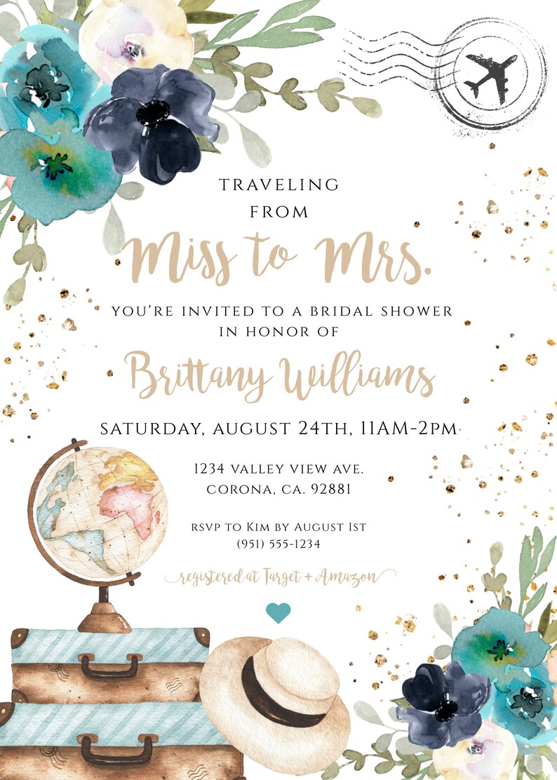 Traveling From Miss to Mrs Invitation Template Blue Floral | Etsy