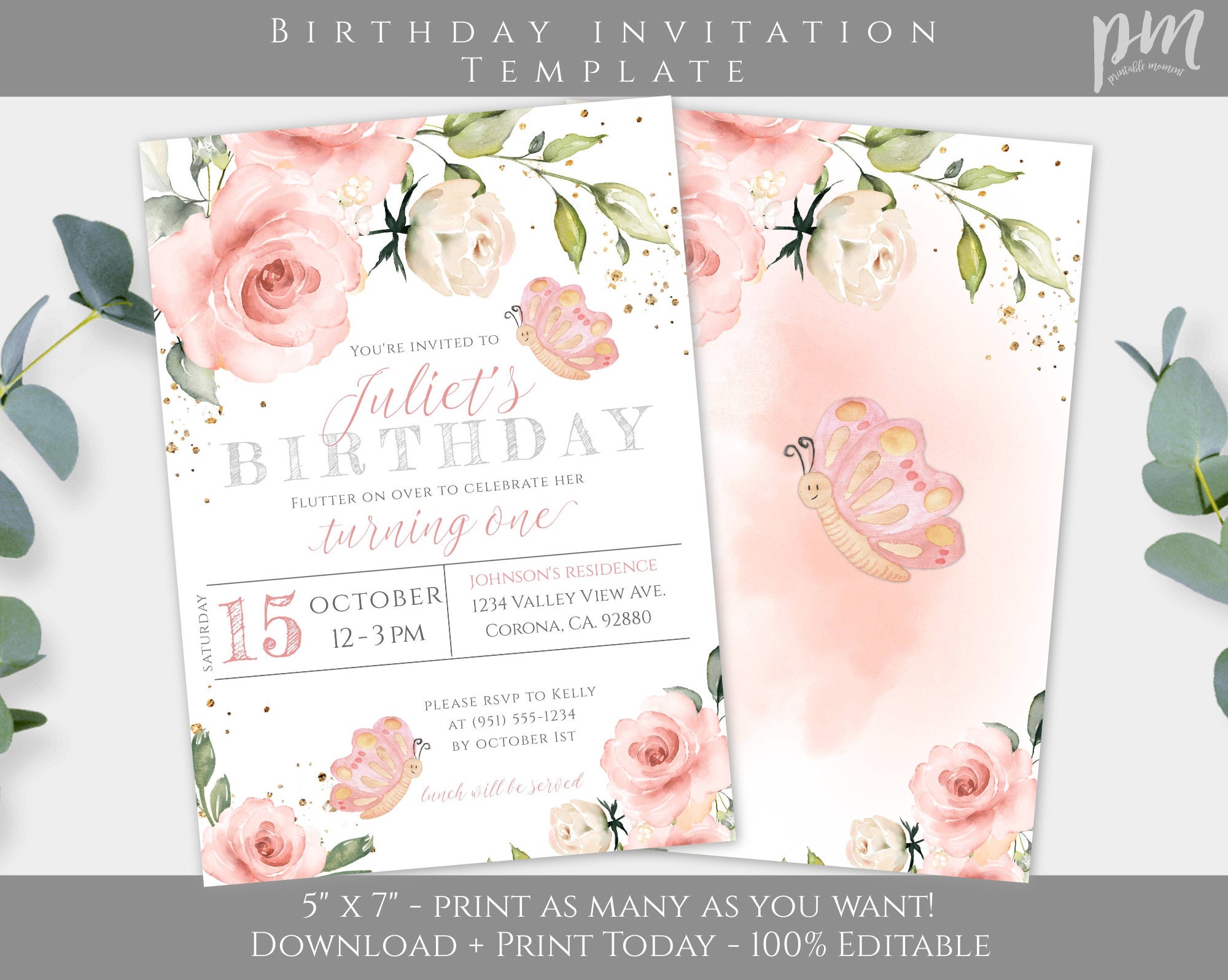 Butterfly First Birthday Invitation Template, 1st Birthday Editable ...
