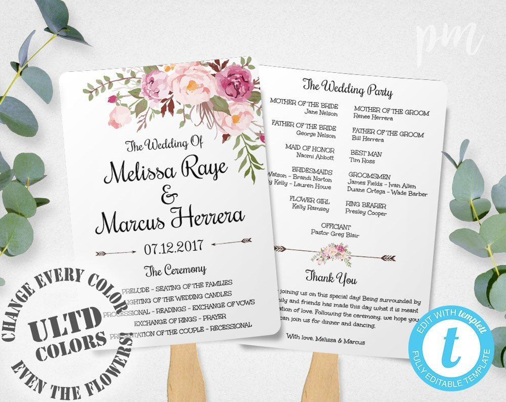 Pink Floral Wedding Program Fan Template Bohemian Wedding | Etsy