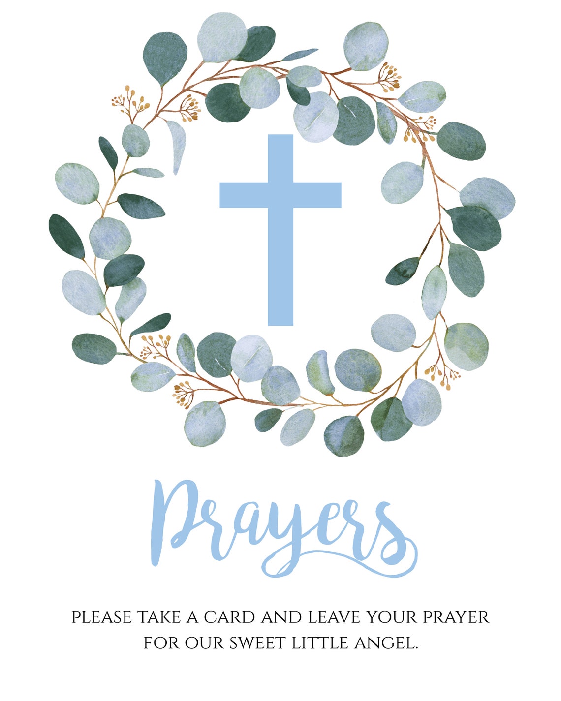 Blue Baptism Sign & Prayer Card Templates, Editable Greenery Baby ...
