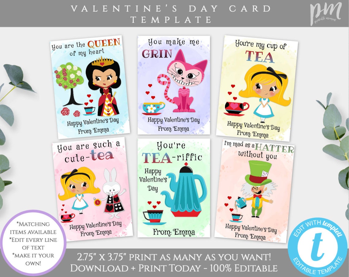 Tea Party Valentines Day Card Template, Valentines Cards for Kids ...