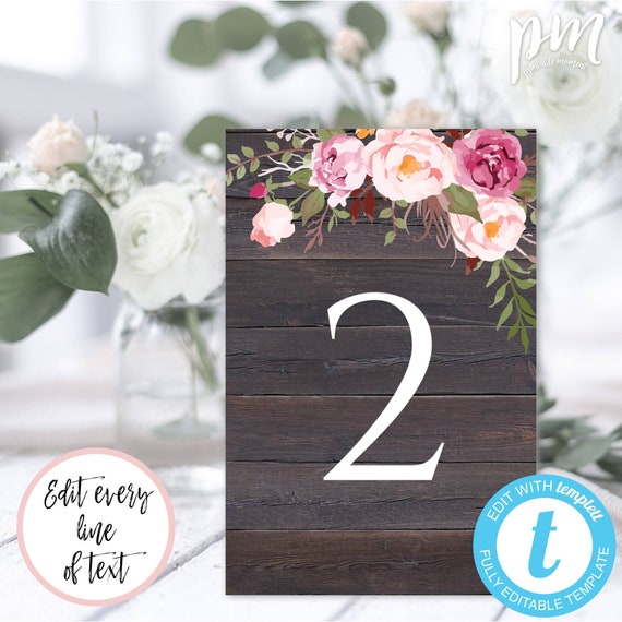 Rustic Floral Table Number Template Pink Floral Wedding Table | Etsy