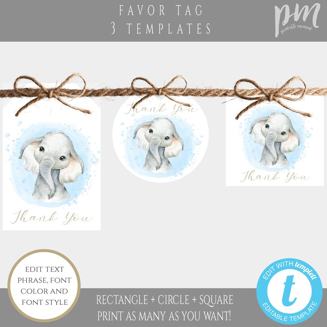 Blue Elephant Thank You Favor Tag Template, Boy Baby Shower Gift Tag ...