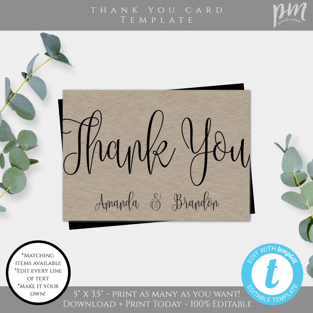 Rustic Thank You Card Template, Printable Thank You Card, Editable ...