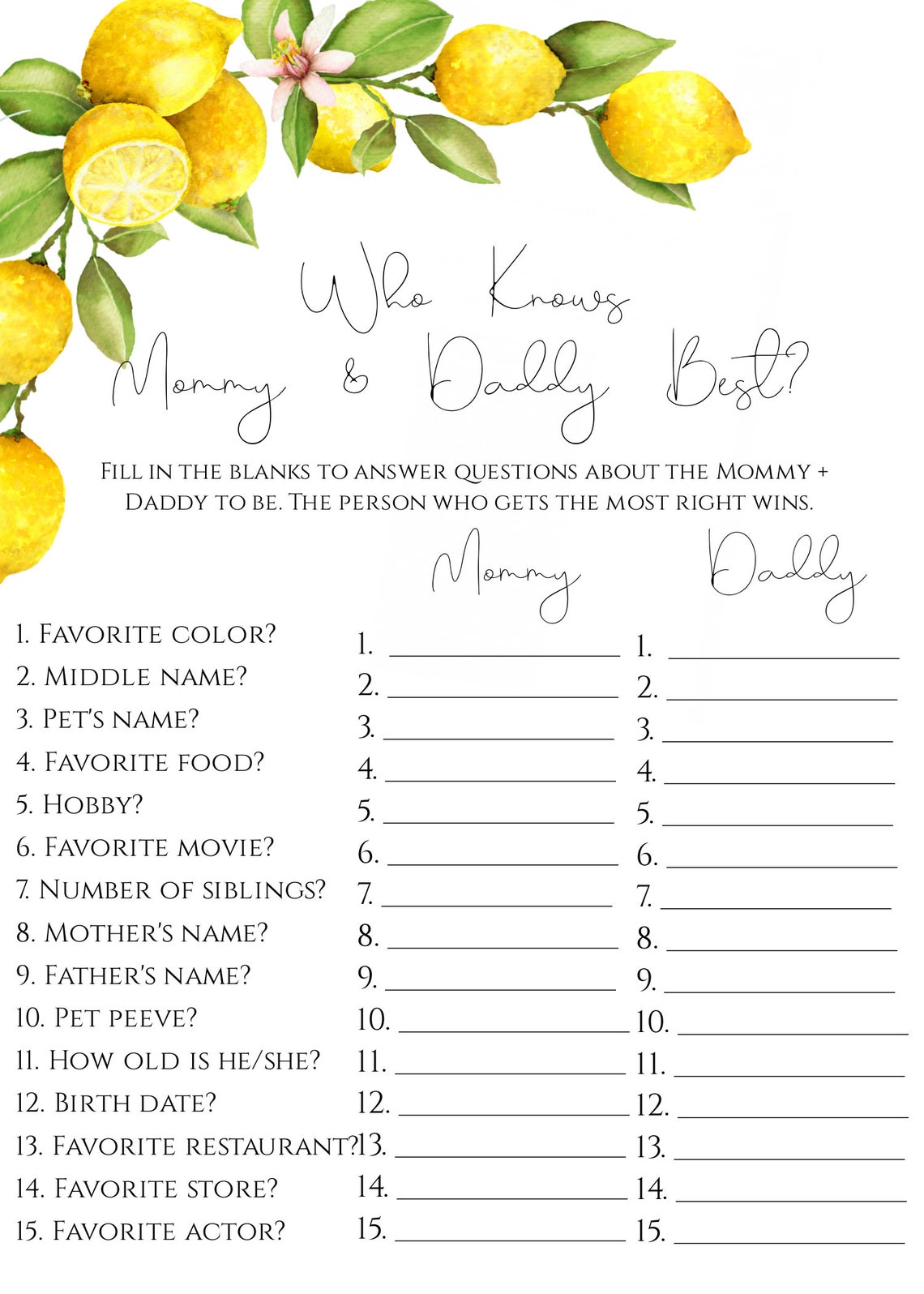 Lemon Baby Shower Game Template Set Game Bundle for Lemon - Etsy