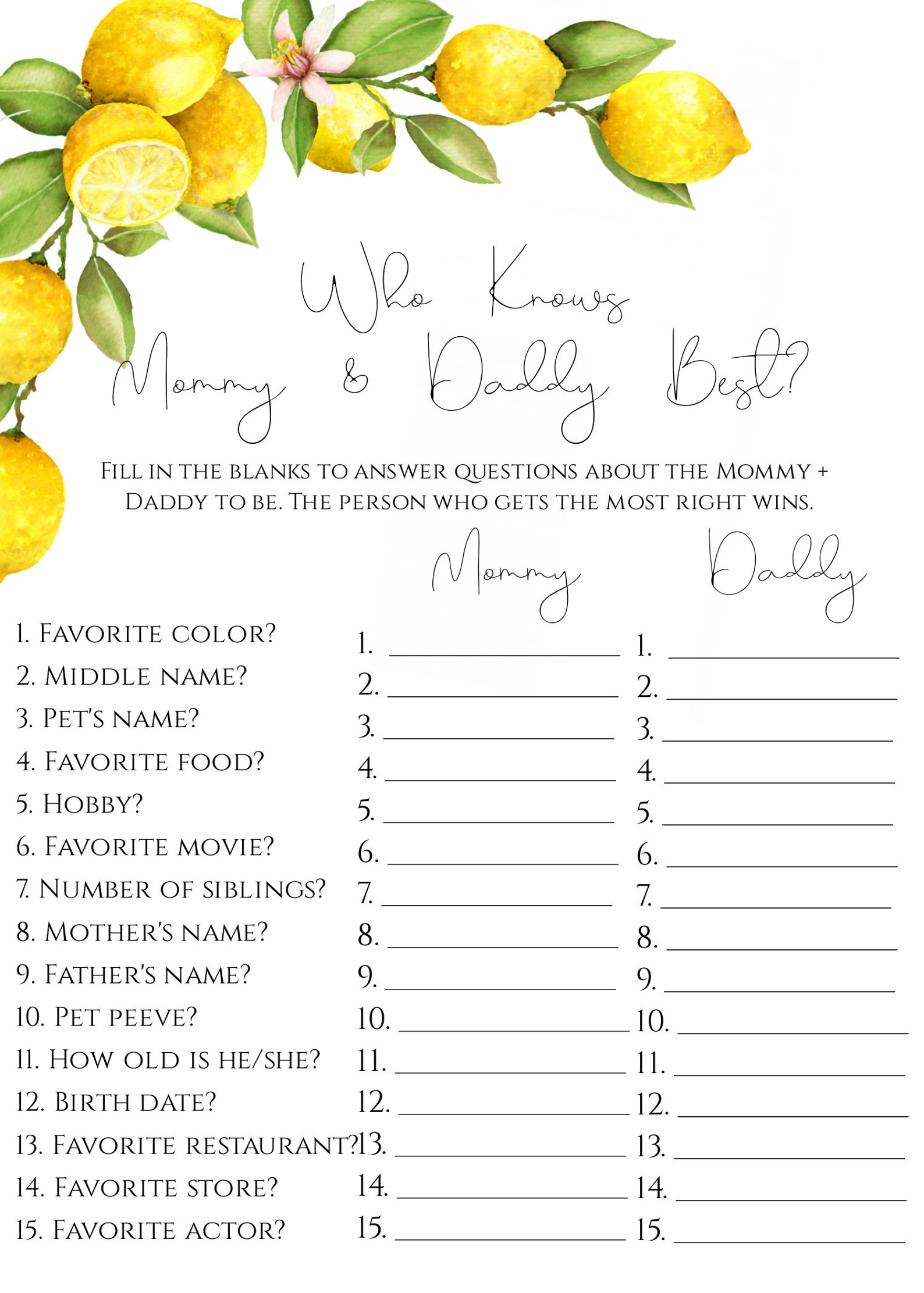 Lemon Baby Shower Game Template Set, Game Bundle for Lemon Baby Shower ...