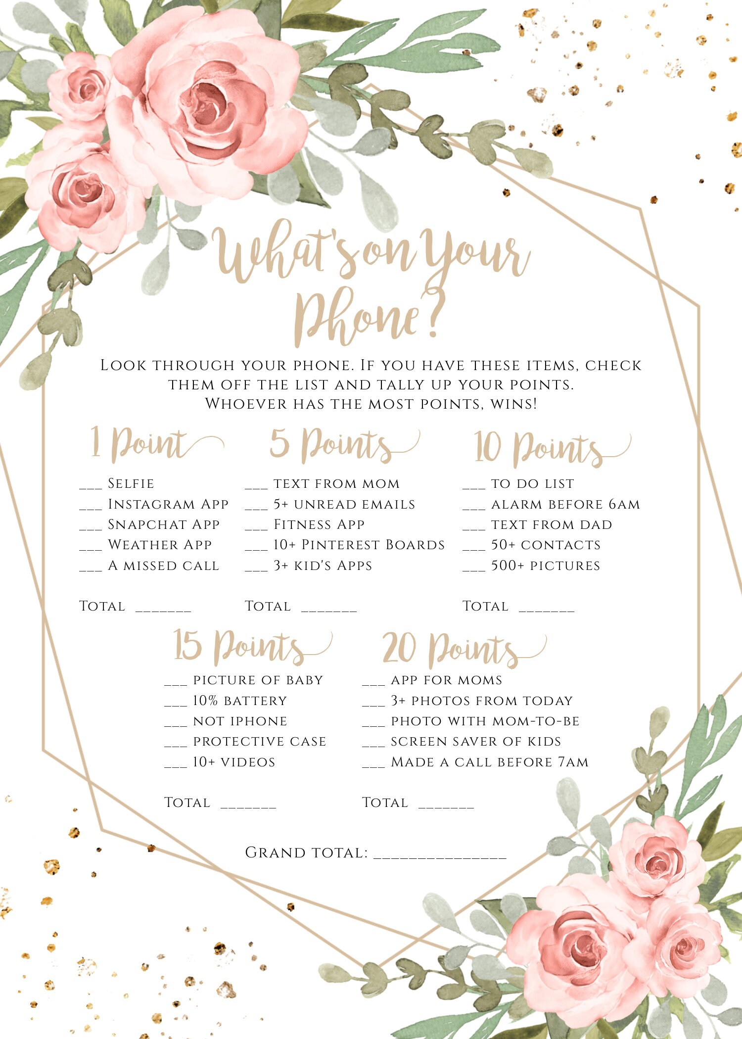 Whats on Your Phone Game Template Pink Floral Printable Baby | Etsy