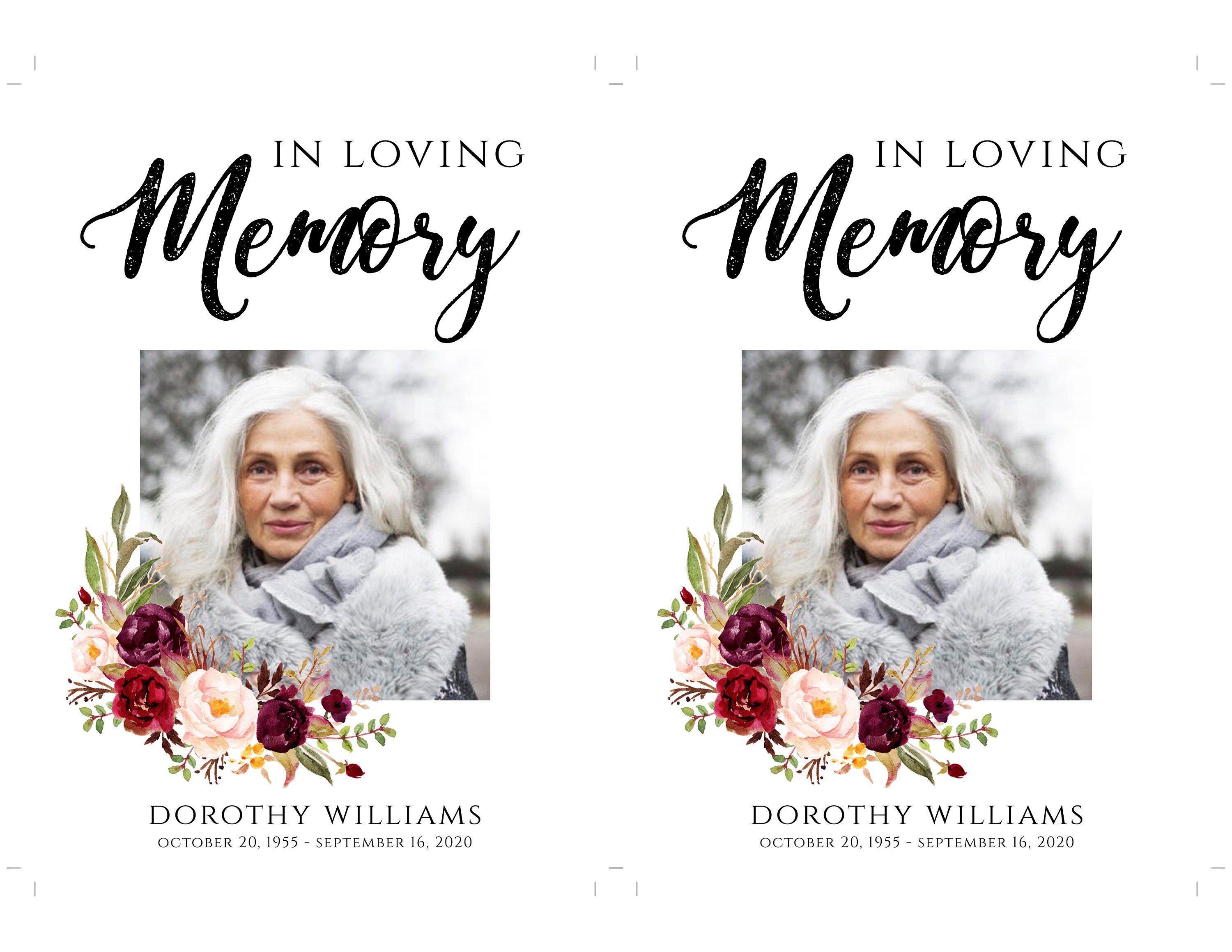 Burgundy Floral Obituary Template Memorial Service Keepsake | Etsy