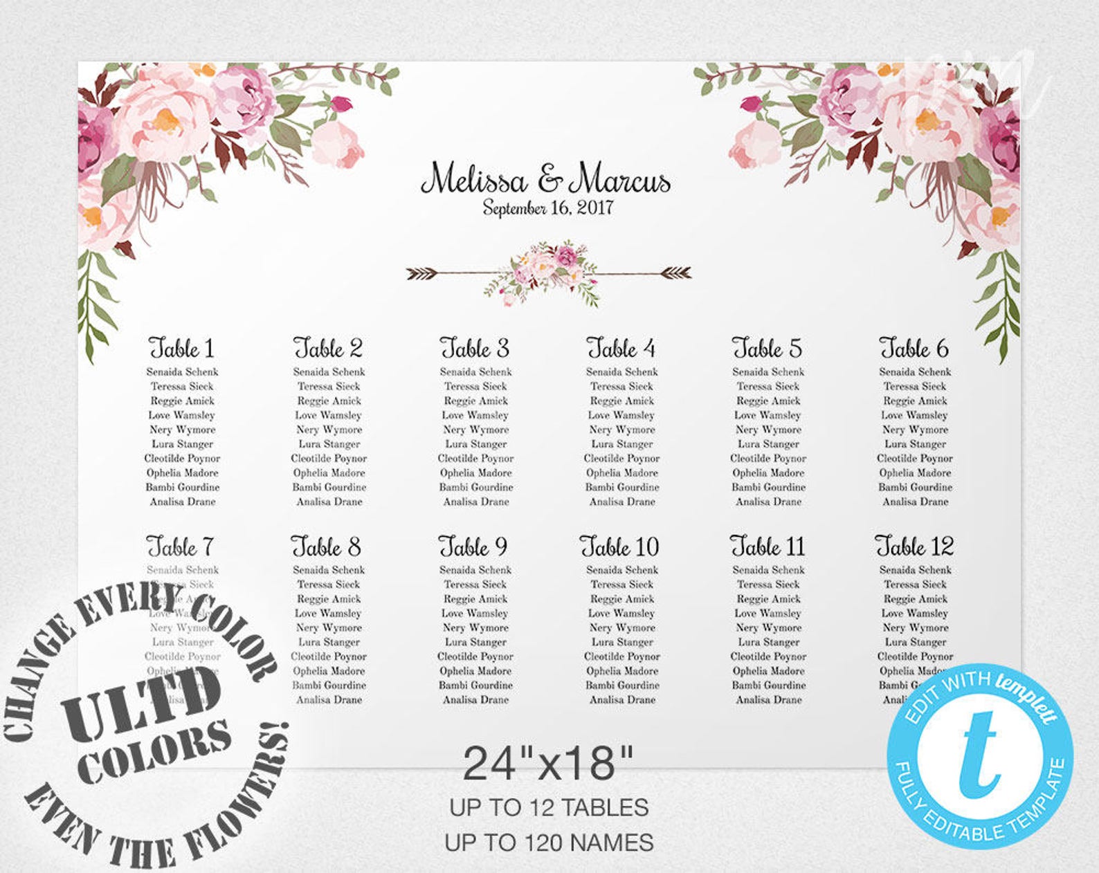 Pink Floral Wedding Seating Chart Template, Floral Wedding Seating ...