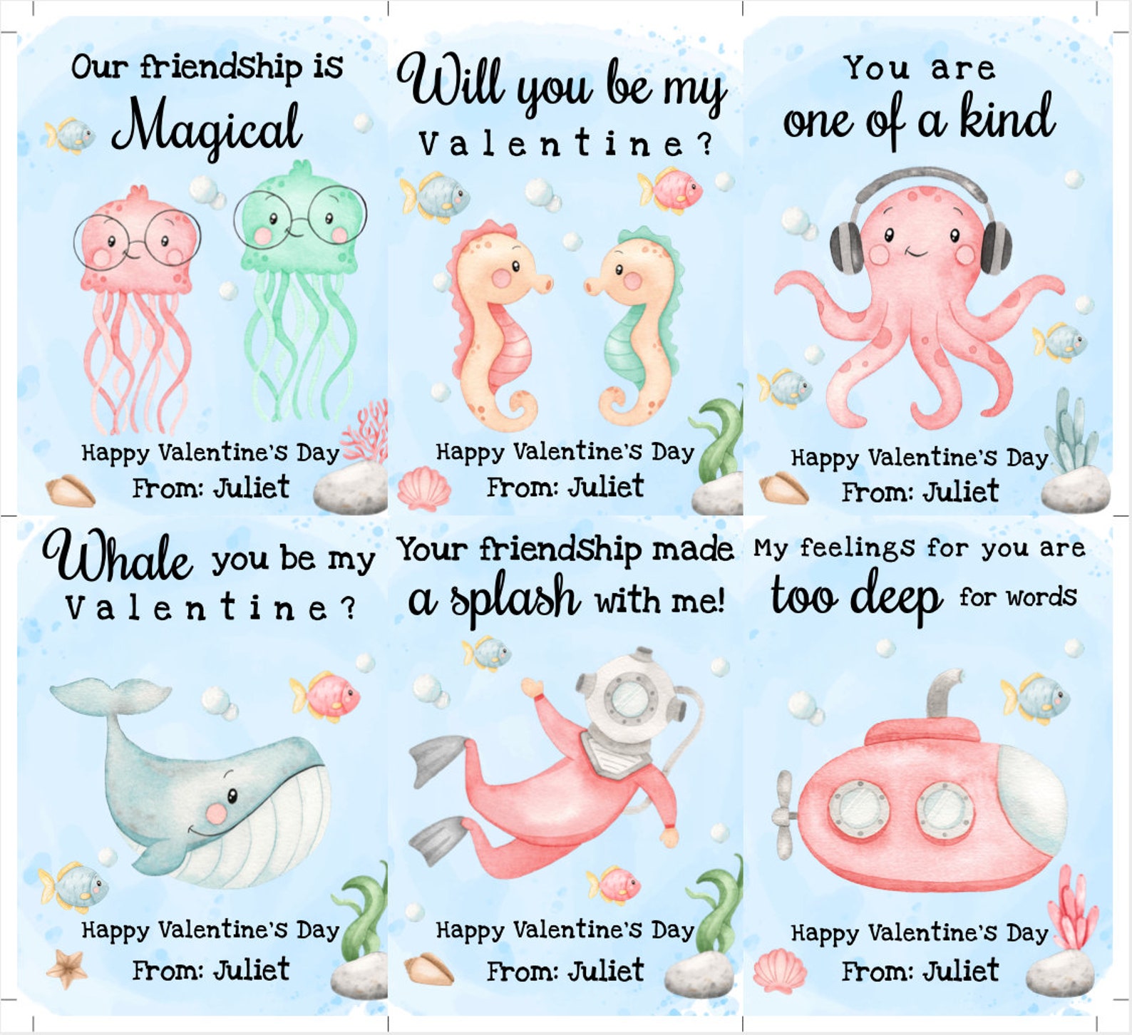 Ocean Valentines Day Card Template, Beach Valentines Cards for Kids ...