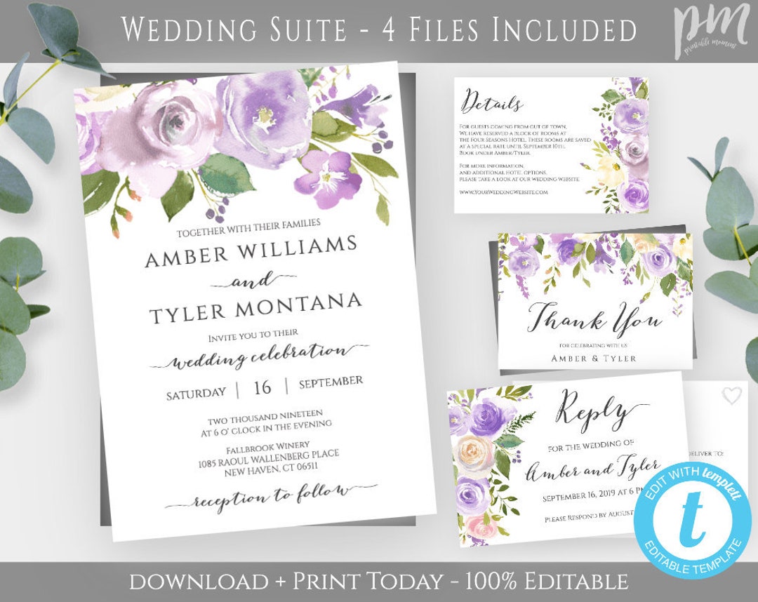Lilac Wedding Template Set, Printable Instant Download, DIY Editable ...