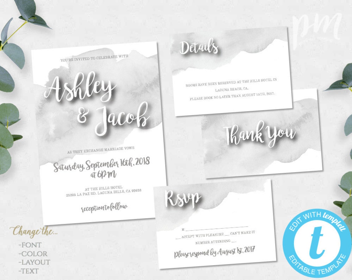 Gray Wedding Invitation Template Set, Watercolor Wedding Invitation Kit ...