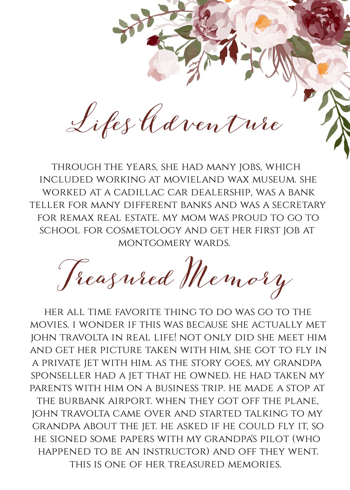 Burgundy Floral Funeral Editable Obituary Template in Loving - Etsy