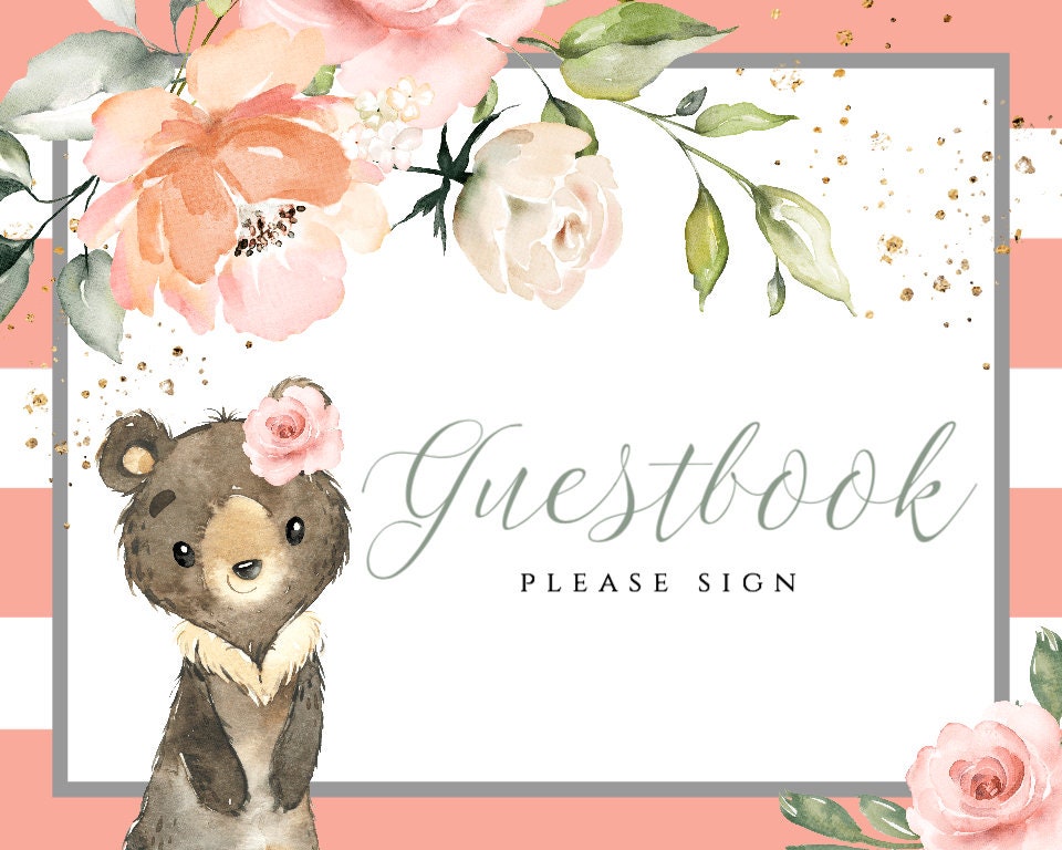 Bear Baby Shower Guestbook Sign Template for Girl Peach - Etsy