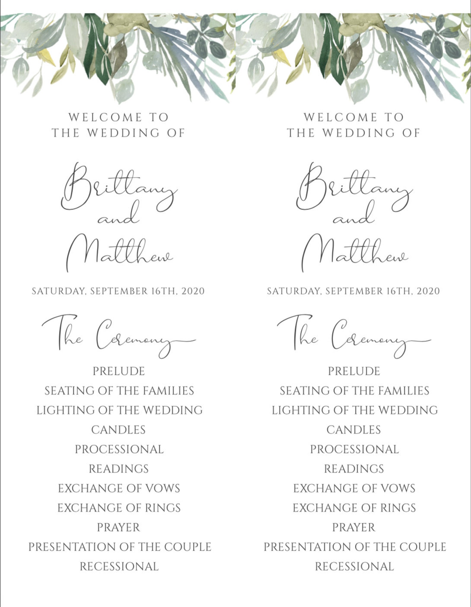 Greenery Wedding Program Template, DIY Printable Ceremony Program ...