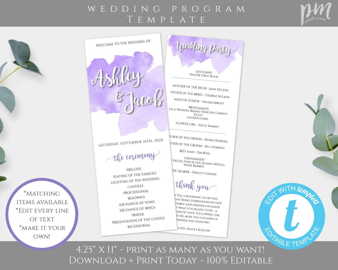 Purple Watercolor Wedding Program Template, 1/2 Page Printable Program ...