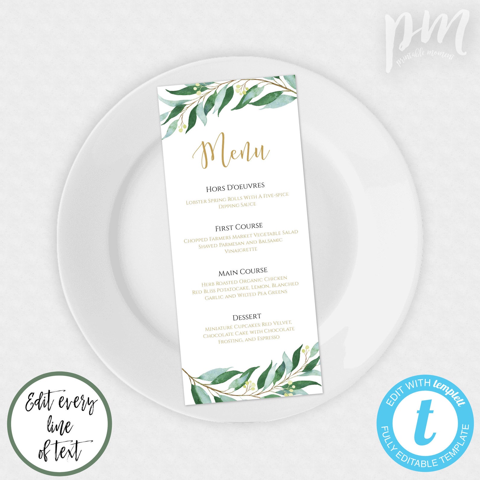 Greenery Wedding Menu Template Printable Green and Gold Menu | Etsy