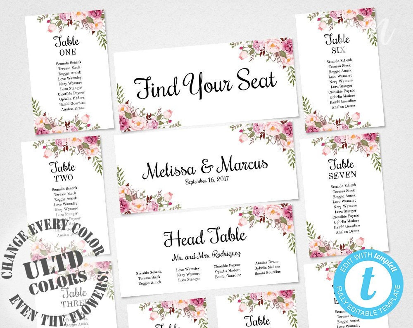 Pink Floral Wedding Seating Chart Template Wedding Seating - Etsy