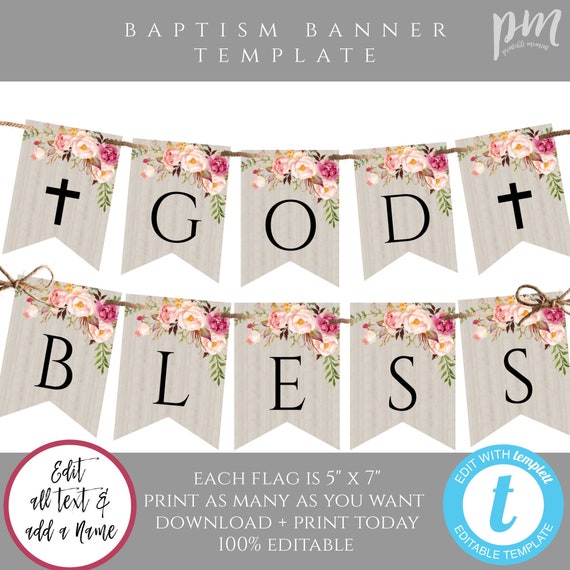 FLORAL God Bless Banner Template Bunting Flag Banner for | Etsy
