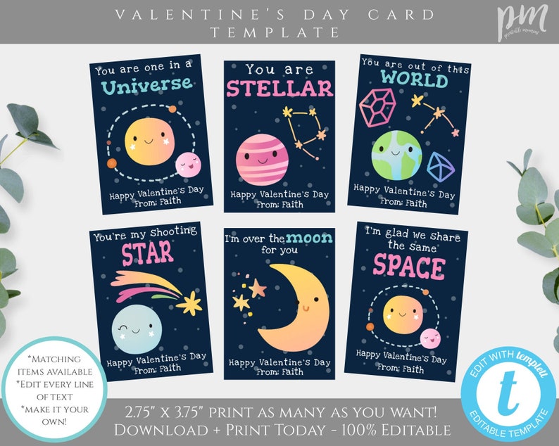 Planet Valentines Day Card Template Space Valentines Cards - Etsy Canada