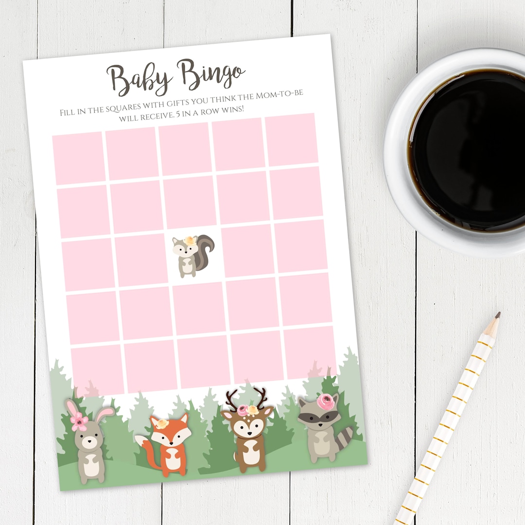Baby Shower Bingo Game Template, Woodland Animal Girl Baby Shower Game ...