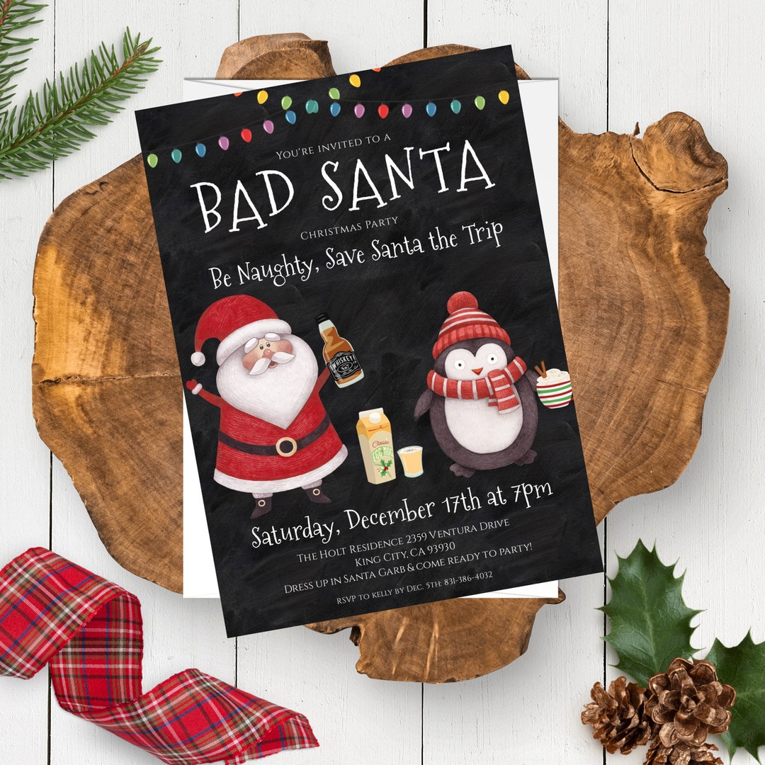 Bad Santa Christmas Party Invitation Template, Editable Template ...
