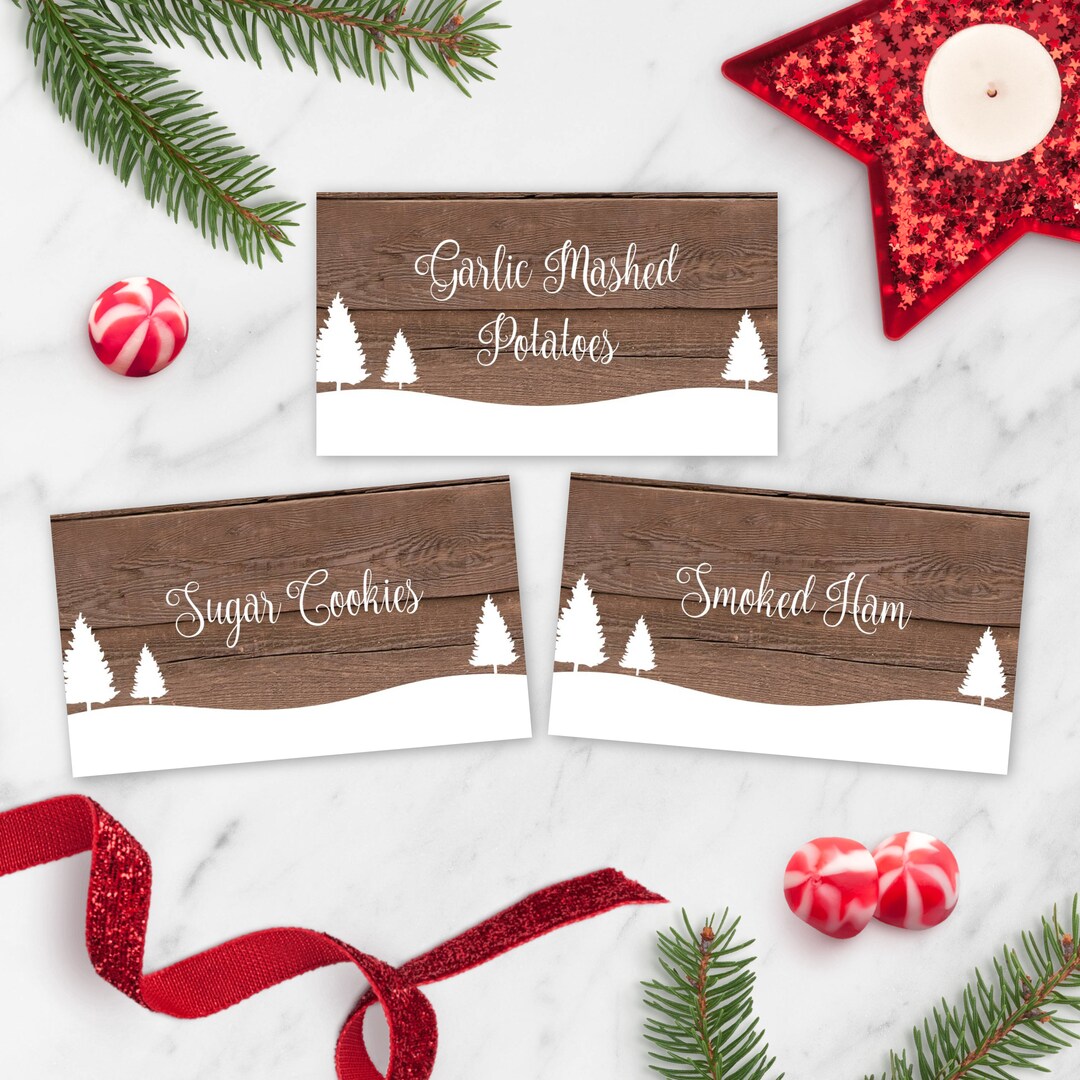 Holiday Party Buffet Cards, Rustic Christmas Food Tent Card Template ...