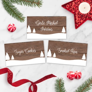 Holiday Party Buffet Cards, Rustic Christmas Food Tent Card Template ...