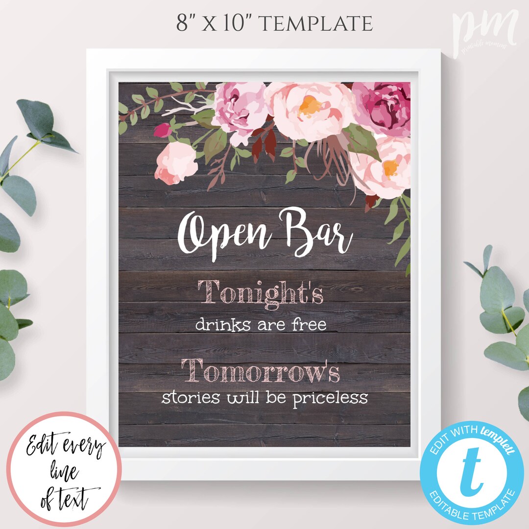 Rustic Wedding Bar Sign Template, Funny Open Bar Sign, Wedding Drinks ...