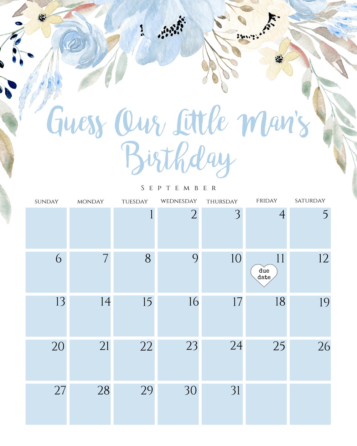 Blue Floral Due Date Calendar Template Baby Shower Game - Etsy